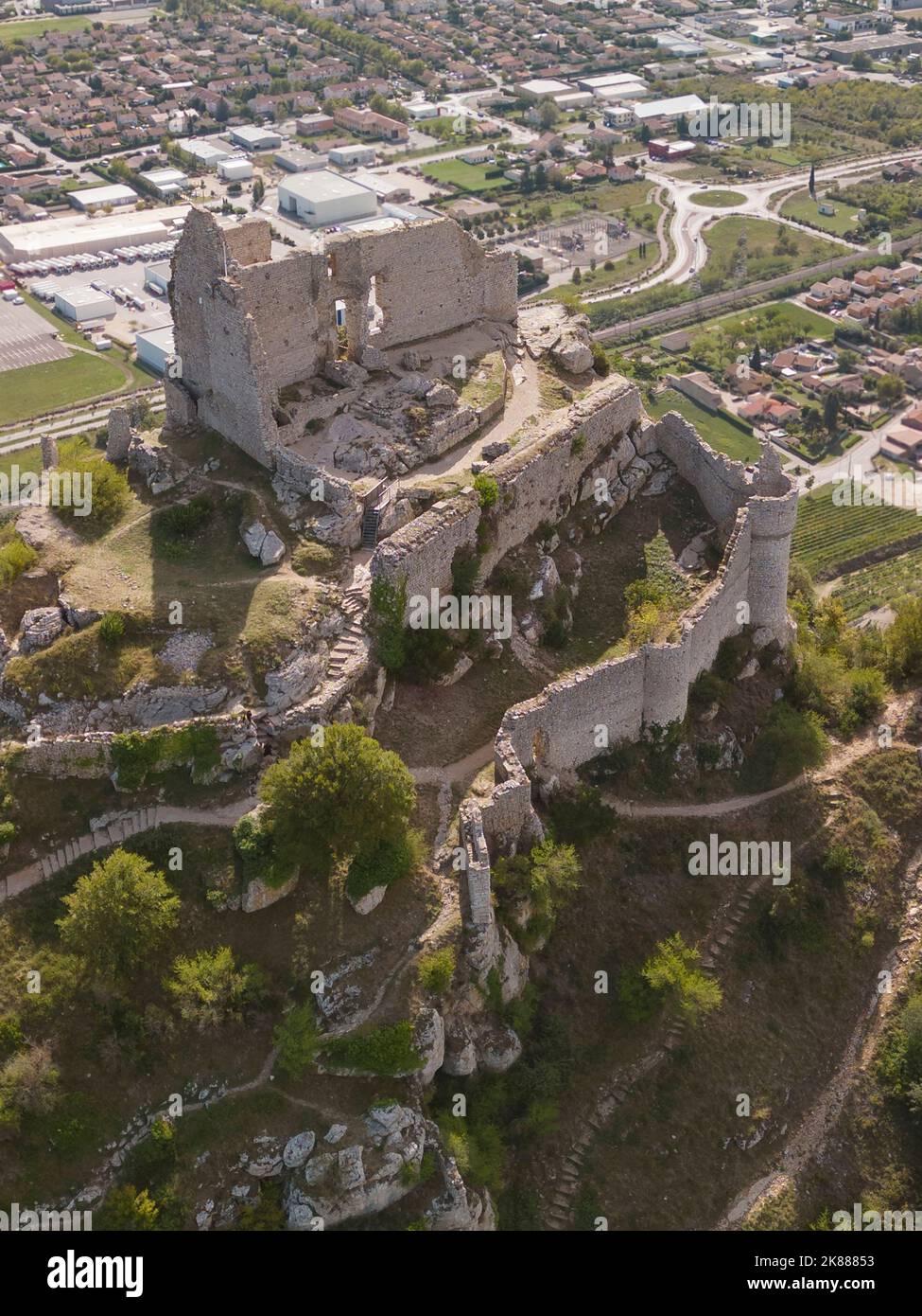 Aerial view of Chateau féodal de Crussol, Ardêche, France Stock Photo ...