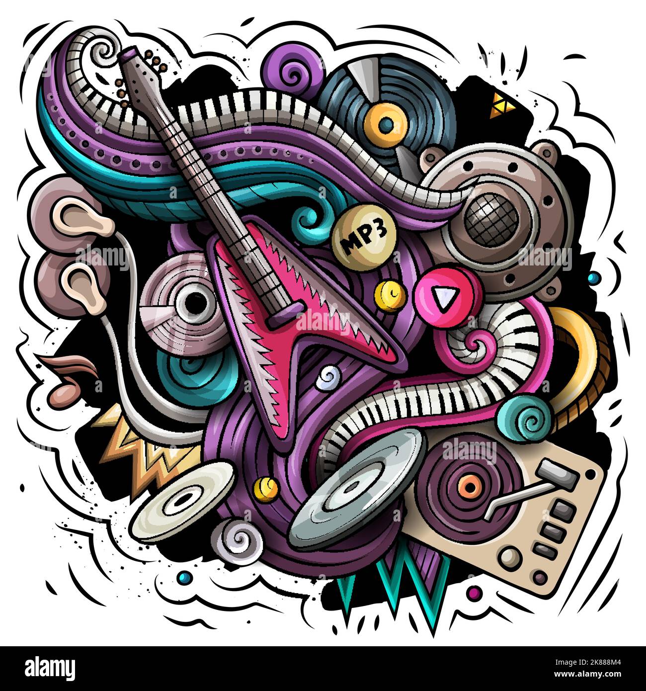 Cartoon vector doodles Disco music illustration. Colorful, detailed ...