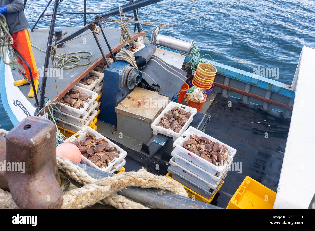 Boxes of freshly caught crabs on a boat at Portree harbour in the Isle ...