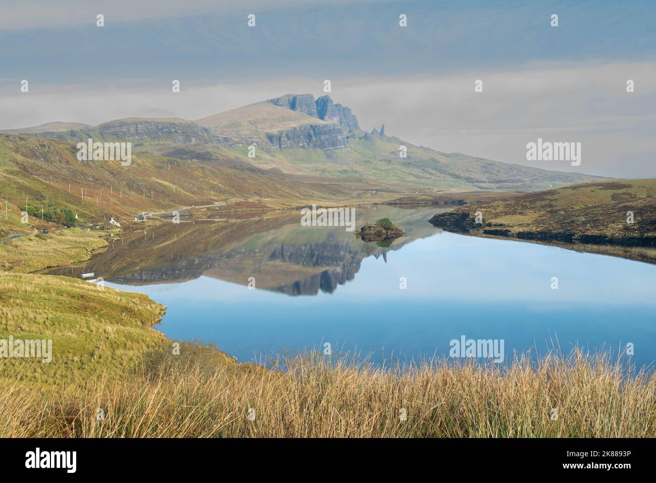 A view of the Old Man of Storr reflection in Loch Leathan on the Isle ...