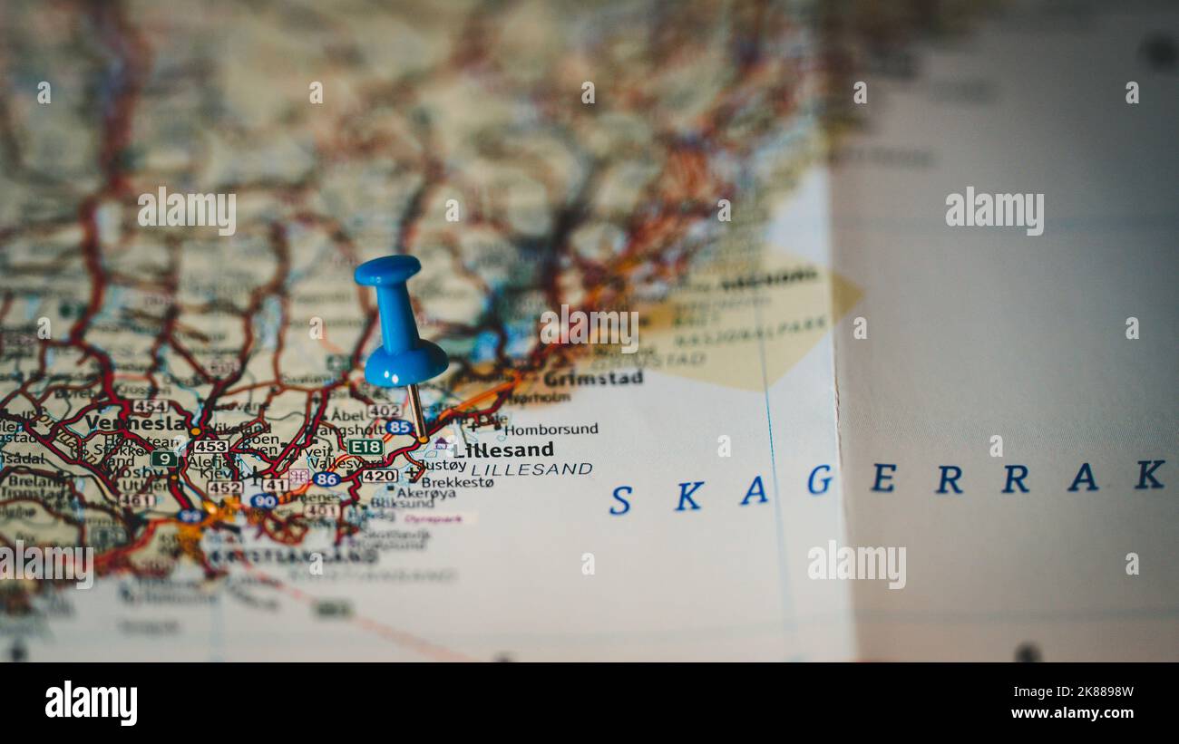 Lillesand, Norway. Blue pinhead on map Stock Photo - Alamy