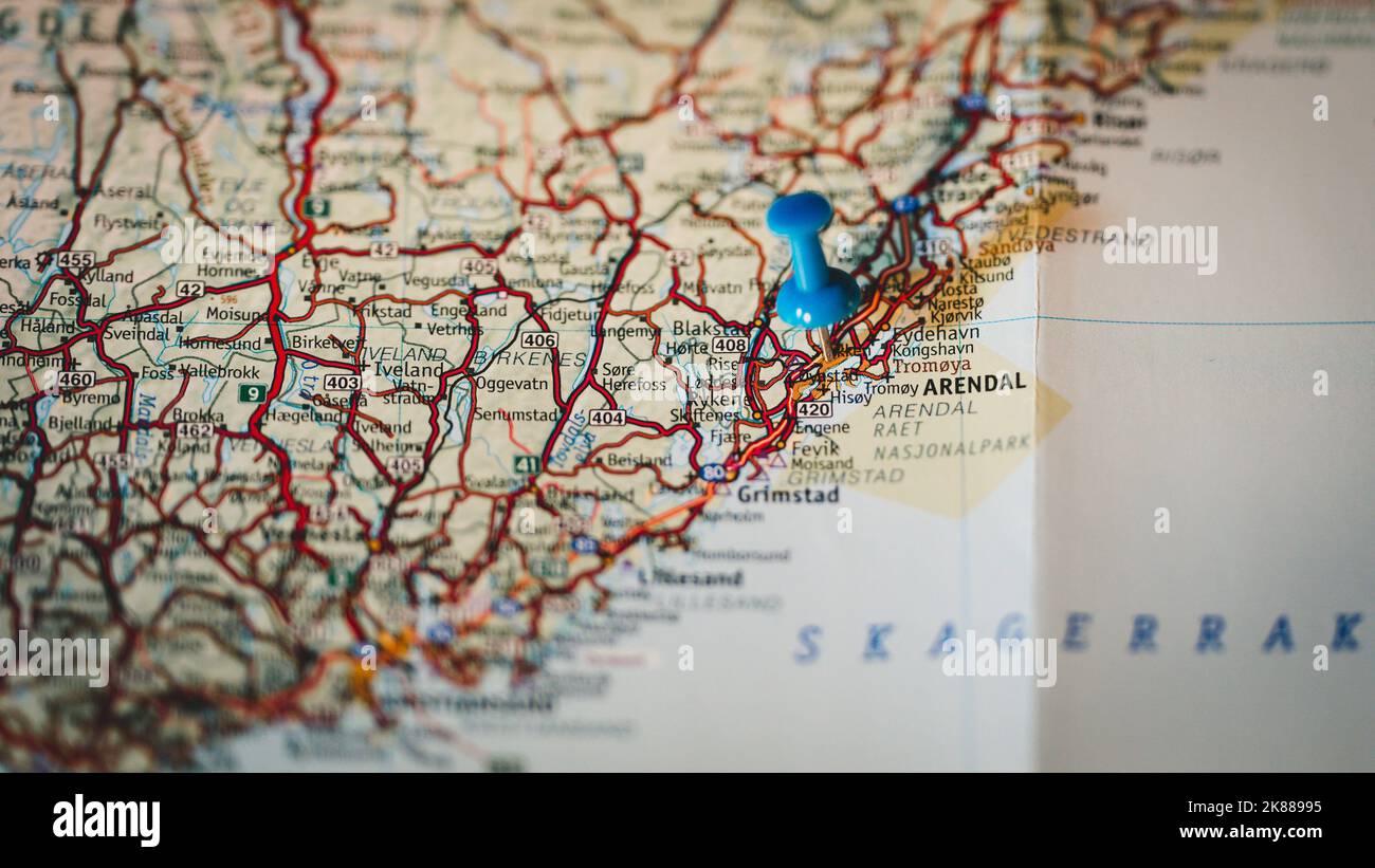 Arendal, Norway. Blue pinhead on map Stock Photo - Alamy