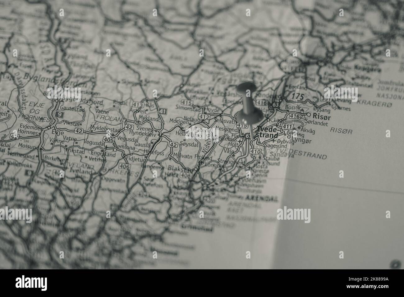 Tvedestrand, Norway. Blue pinhead on map Stock Photo - Alamy