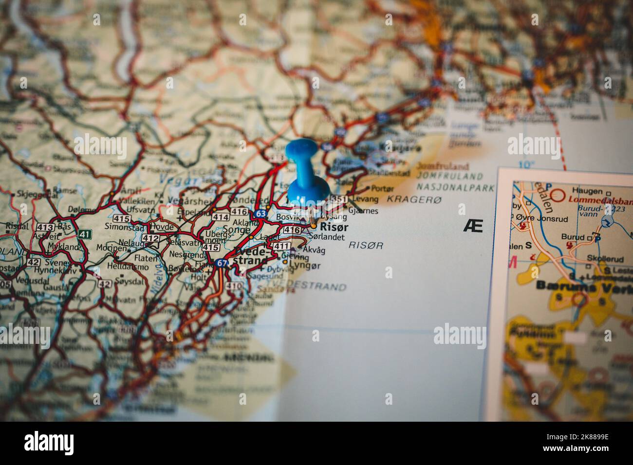 Risør, Norway. Blue pinhead on map Stock Photo - Alamy