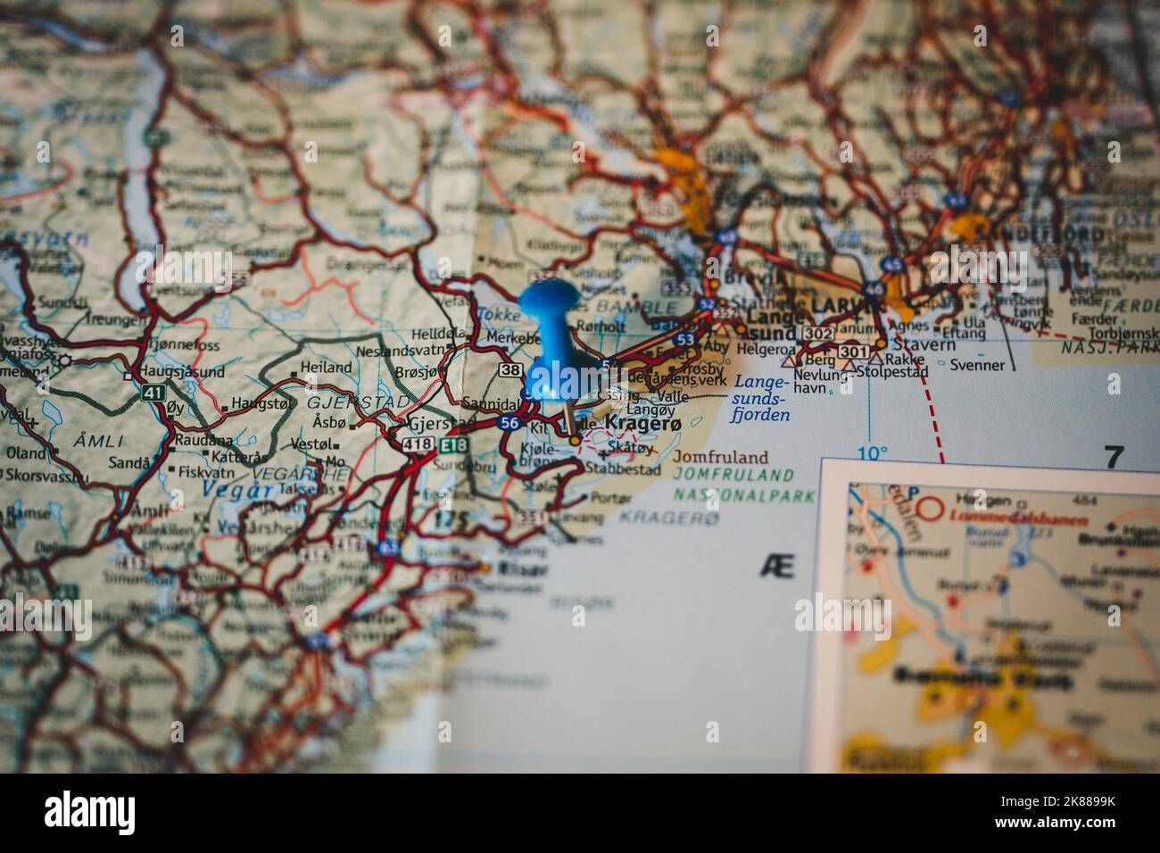 Kragerø, Norway. Blue pinhead on map Stock Photo - Alamy