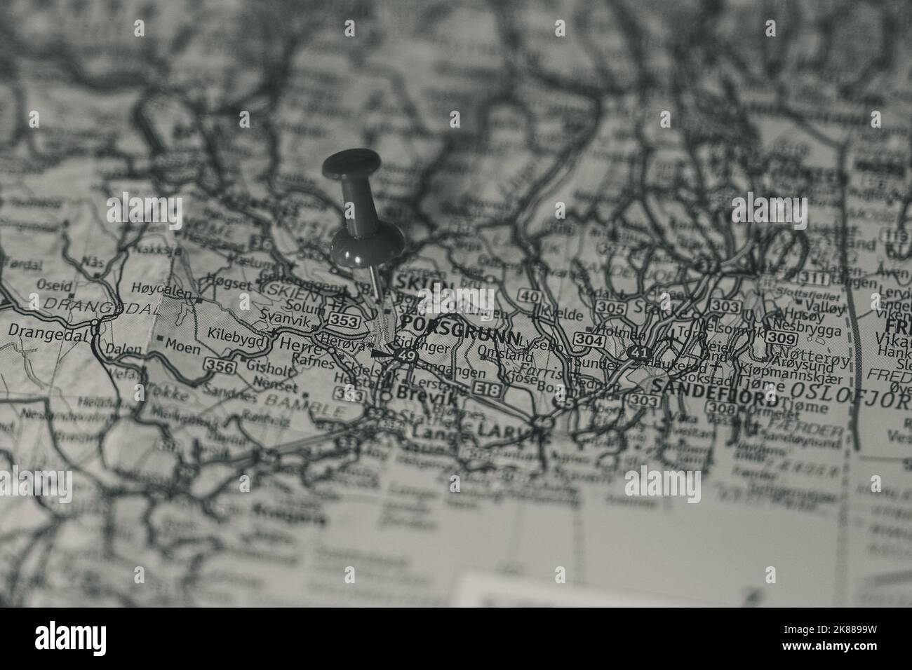 Porsgrunn, Norway. Blue pinhead on map Stock Photo - Alamy