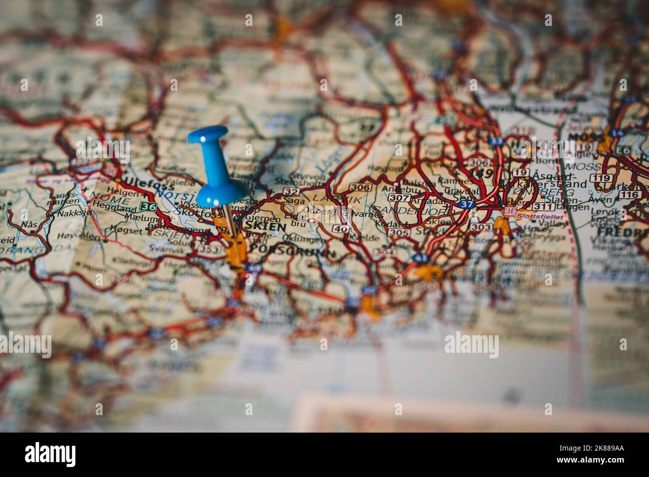 Skien, Norway. Blue pinhead on map Stock Photo - Alamy