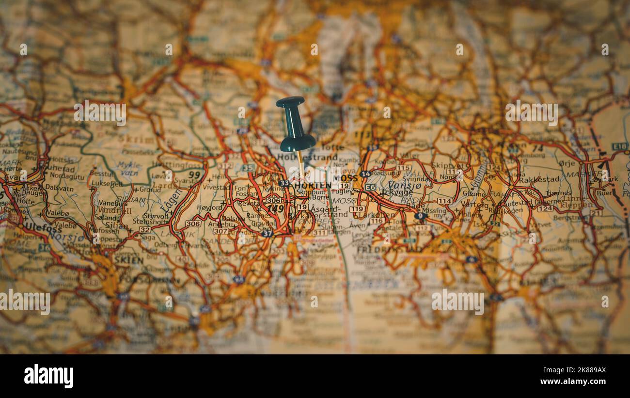 Horten, Norway. Blue pinhead on map Stock Photo - Alamy