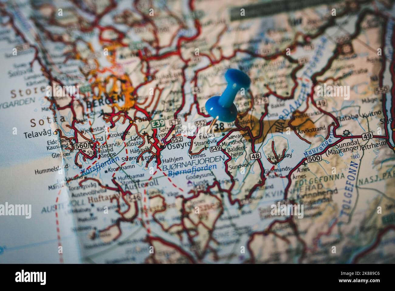 Fusa, Norway. Blue pinhead on map Stock Photo - Alamy