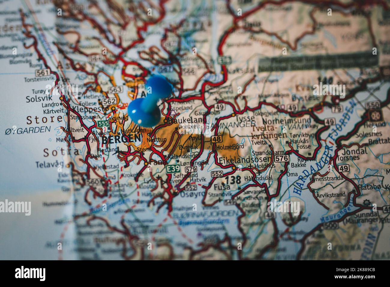 Bergen, Norway. Blue pinhead on map Stock Photo - Alamy