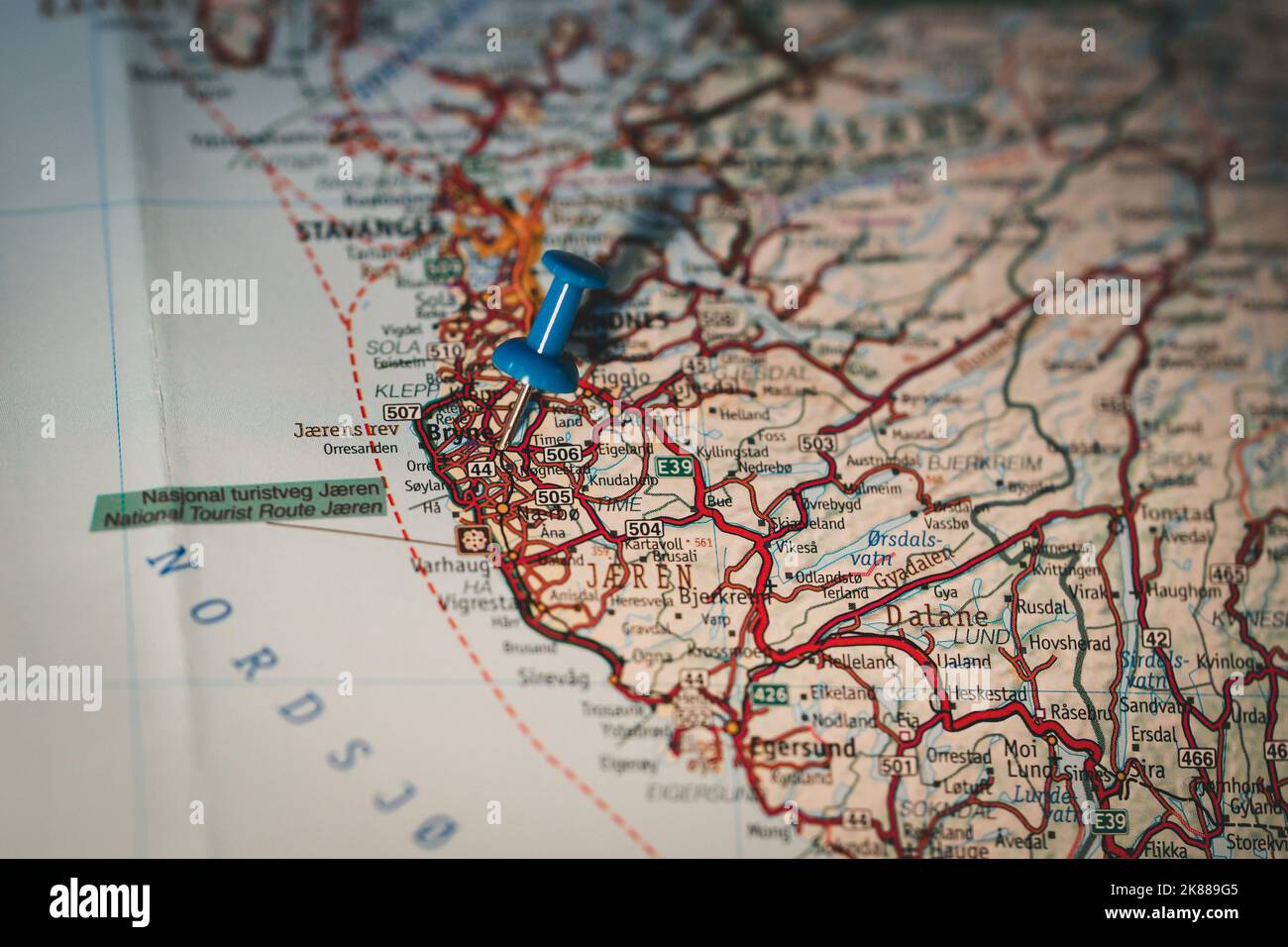 Bryne, Norway. Blue pinhead on map Stock Photo - Alamy