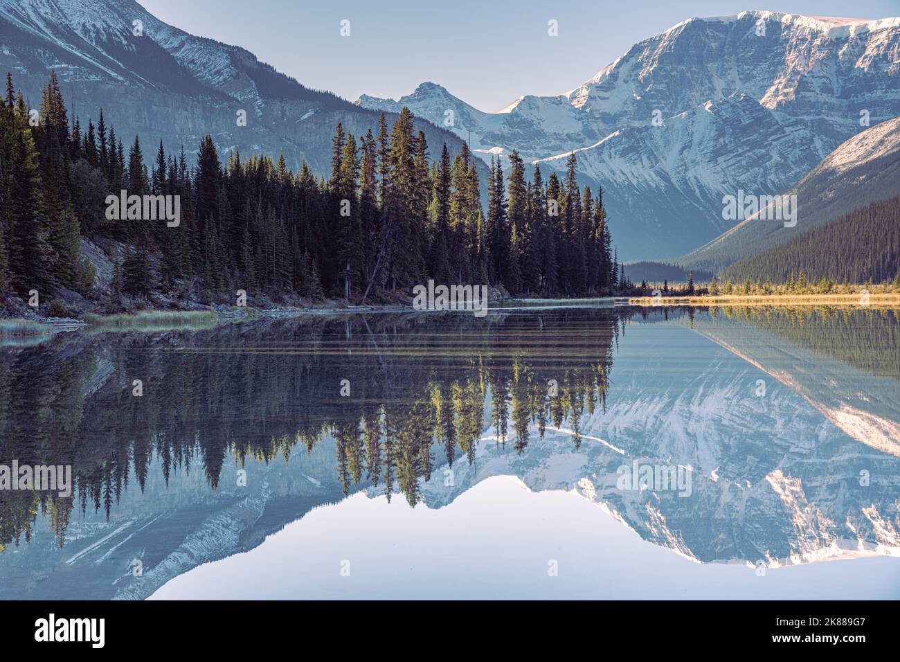 Snow capped Mountains reflecting in the lake in Jasper National Park ...