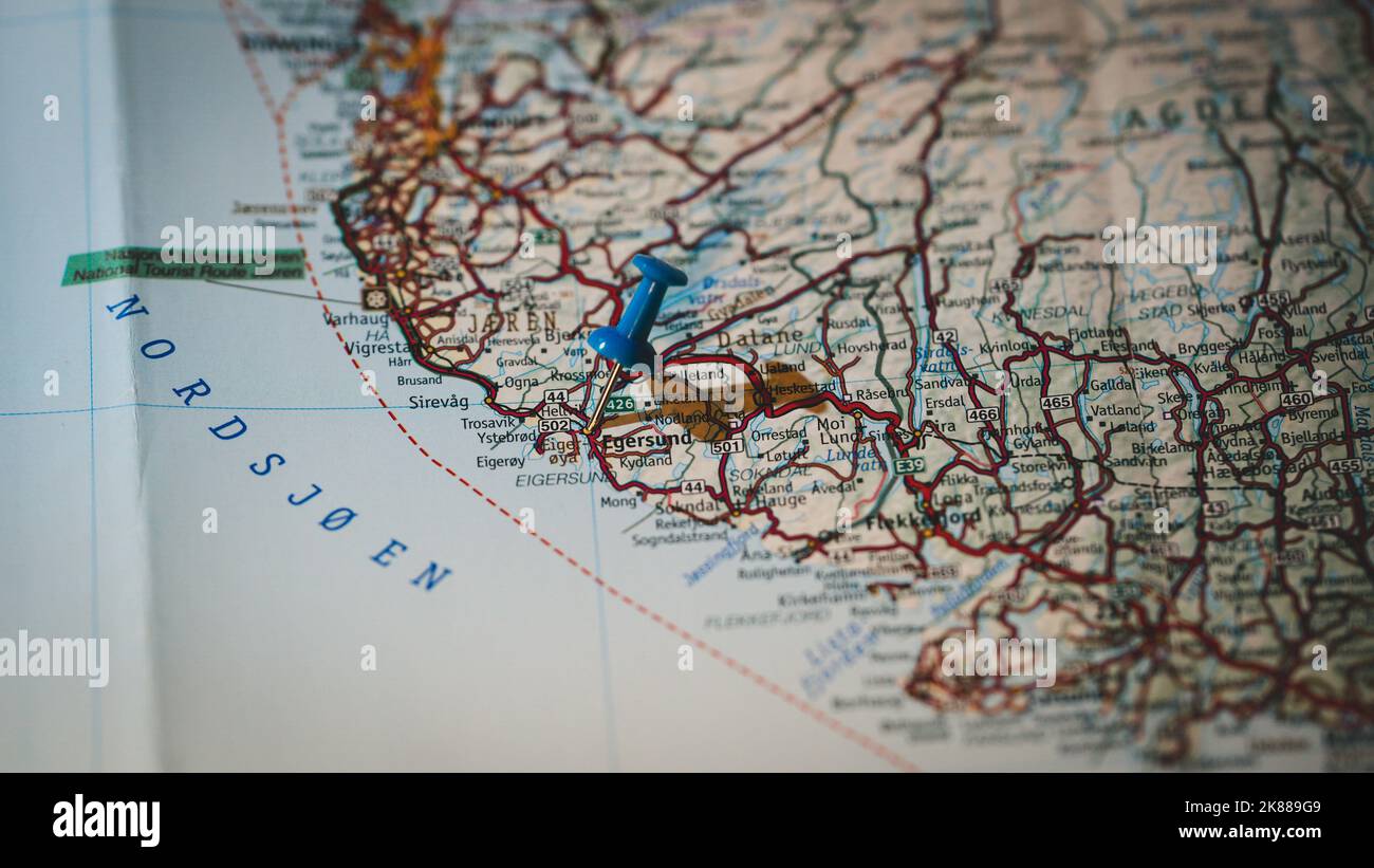 Egersund, Norway. Blue pinhead on map Stock Photo - Alamy