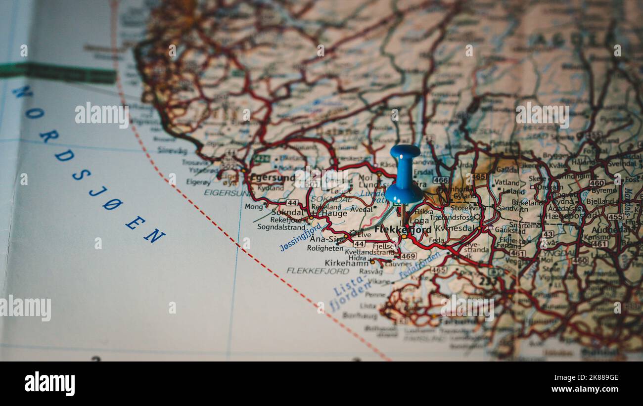 Flekkefjord, Norway. Blue pinhead on map Stock Photo - Alamy