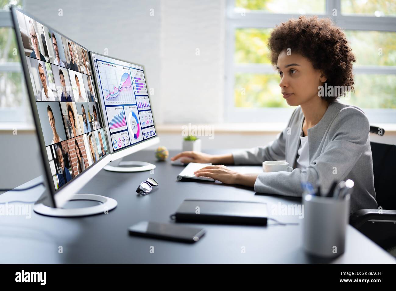 Online Video Conference Virtual Meeting On Multiple Screens Stock Photo ...
