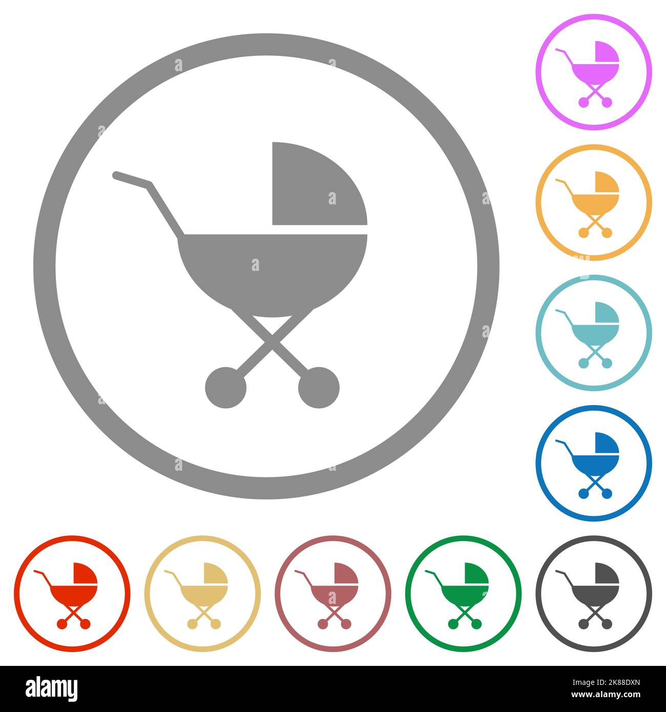 Baby carriage solid flat color icons in round outlines on white ...