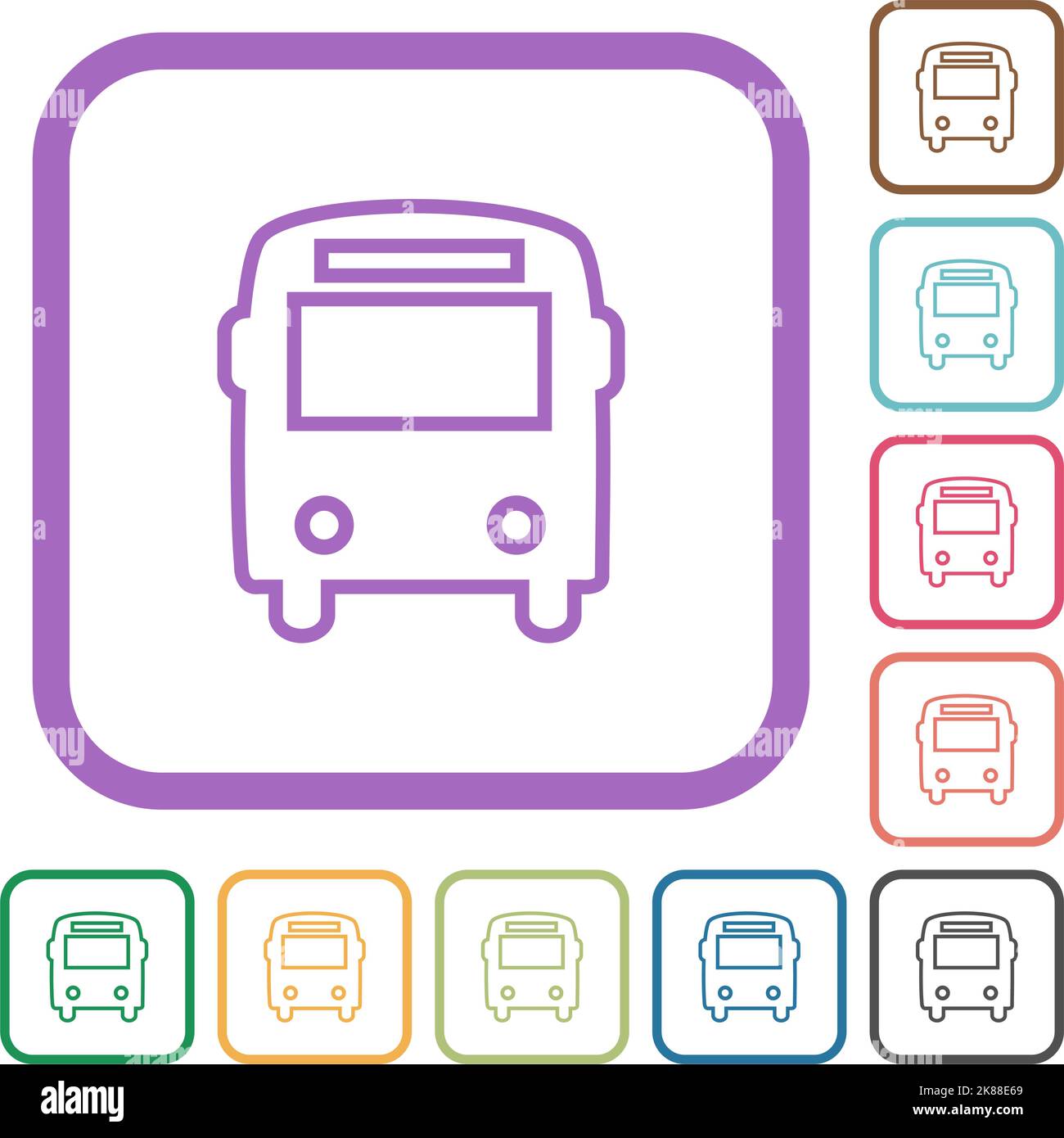 Bus front view outline simple icons in color rounded square frames on ...