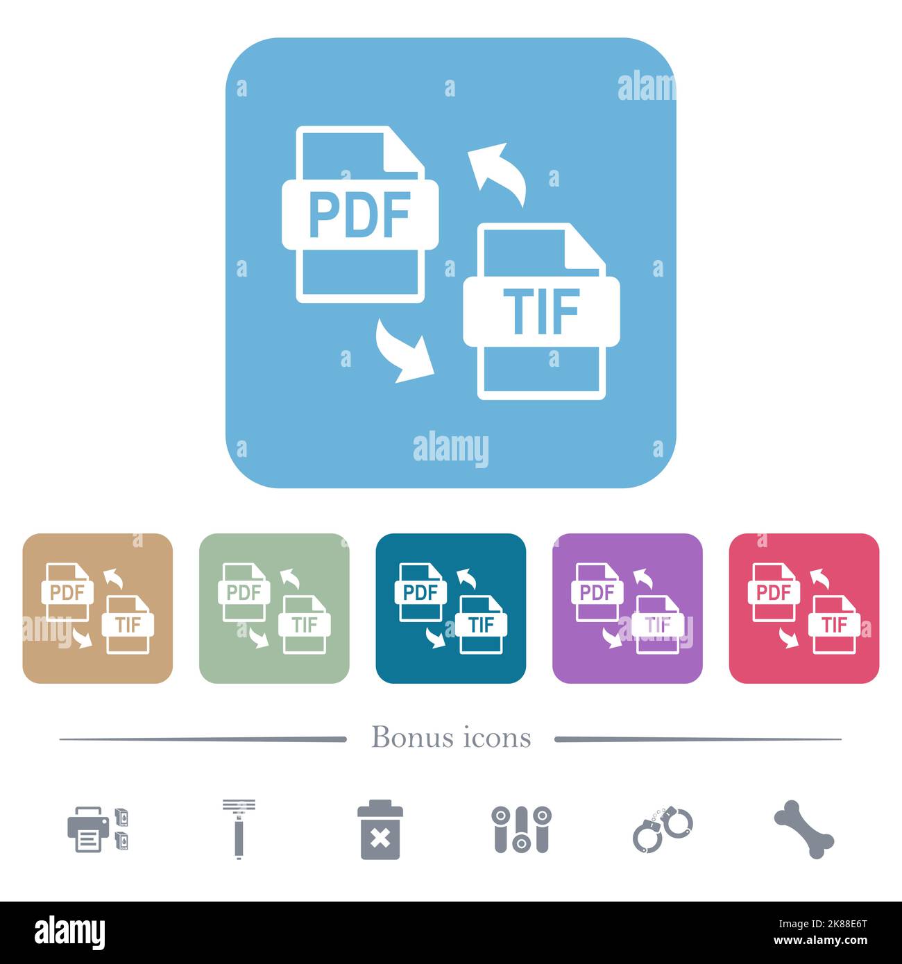 PDF TIF file conversion white flat icons on color rounded square backgrounds. 6 bonus icons ...