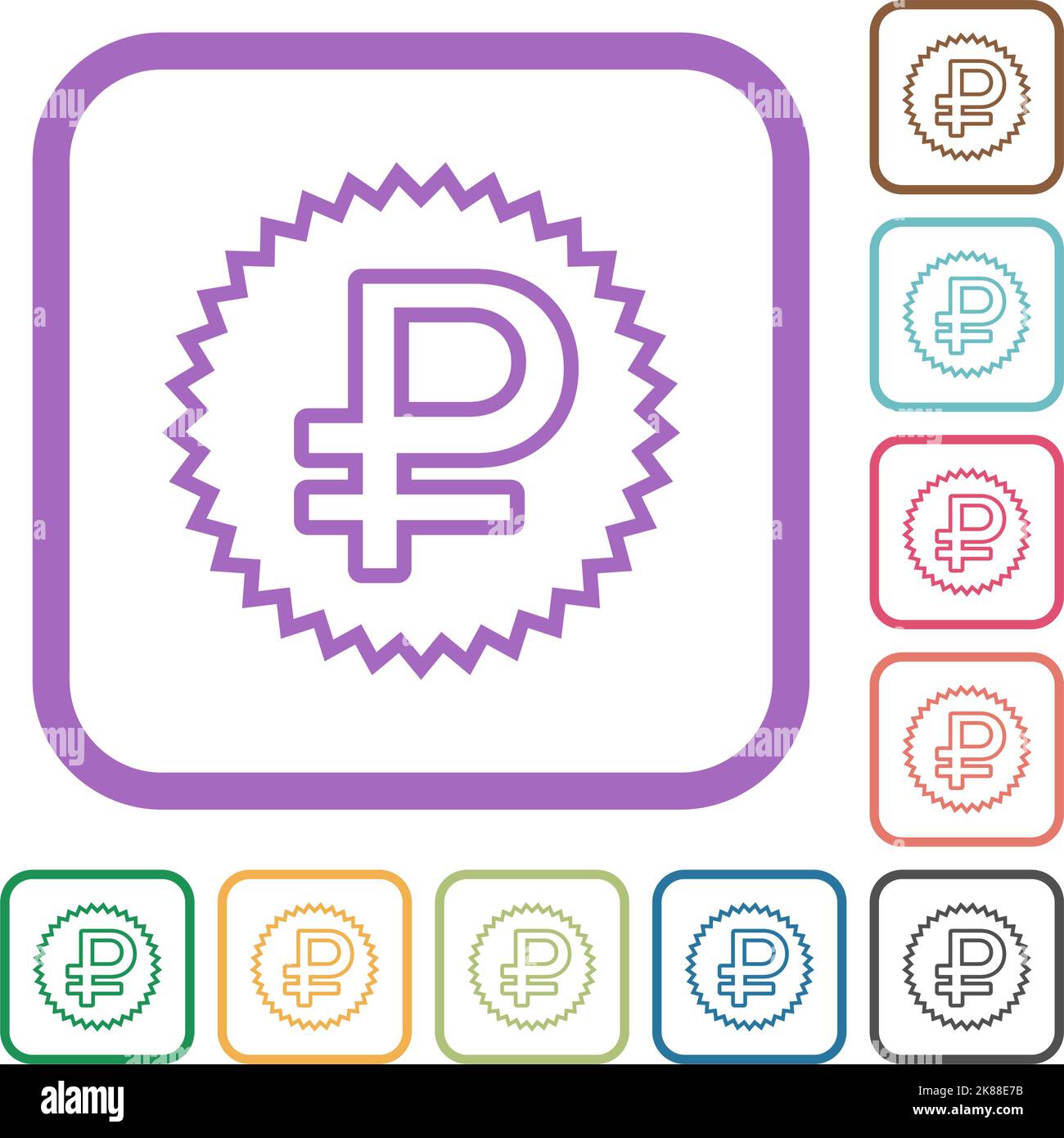 Russian Ruble sticker outline simple icons in color rounded square frames on white background ...