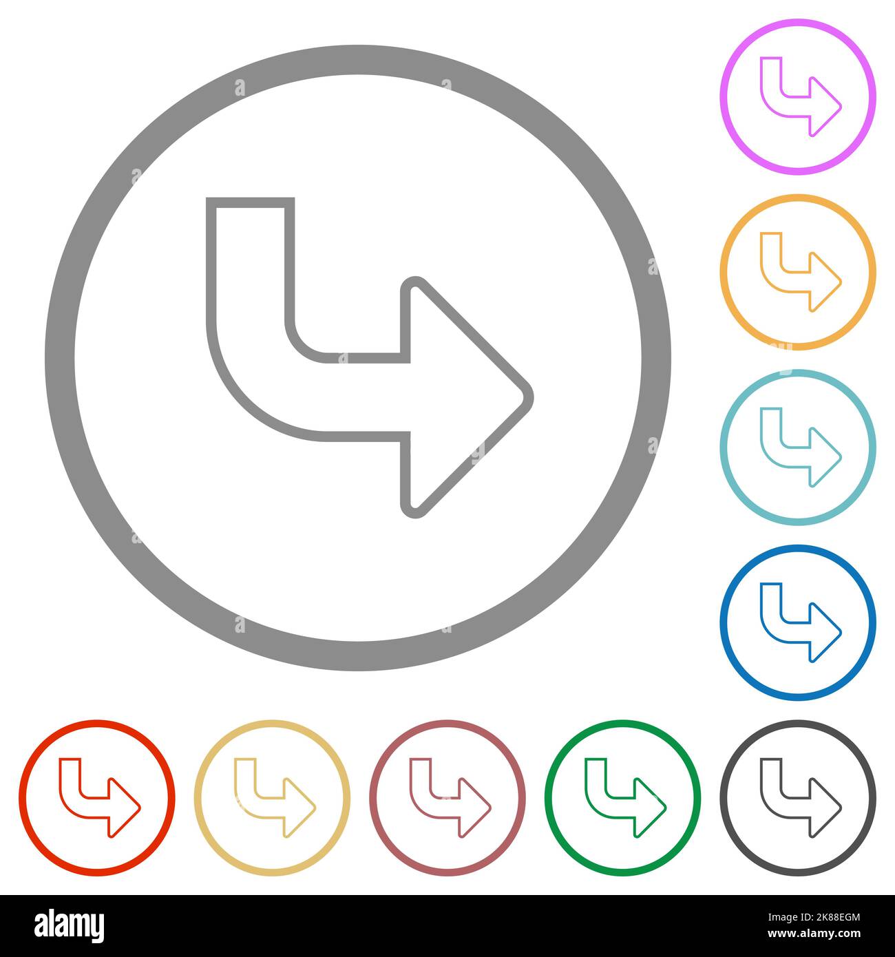 Bottom right side turn arrow outline flat color icons in round outlines ...