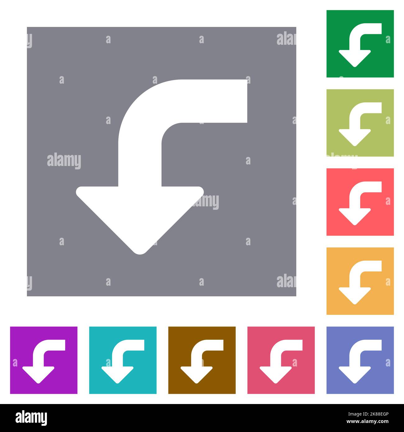 Left bottom side turn arrow solid flat icons on simple color square ...