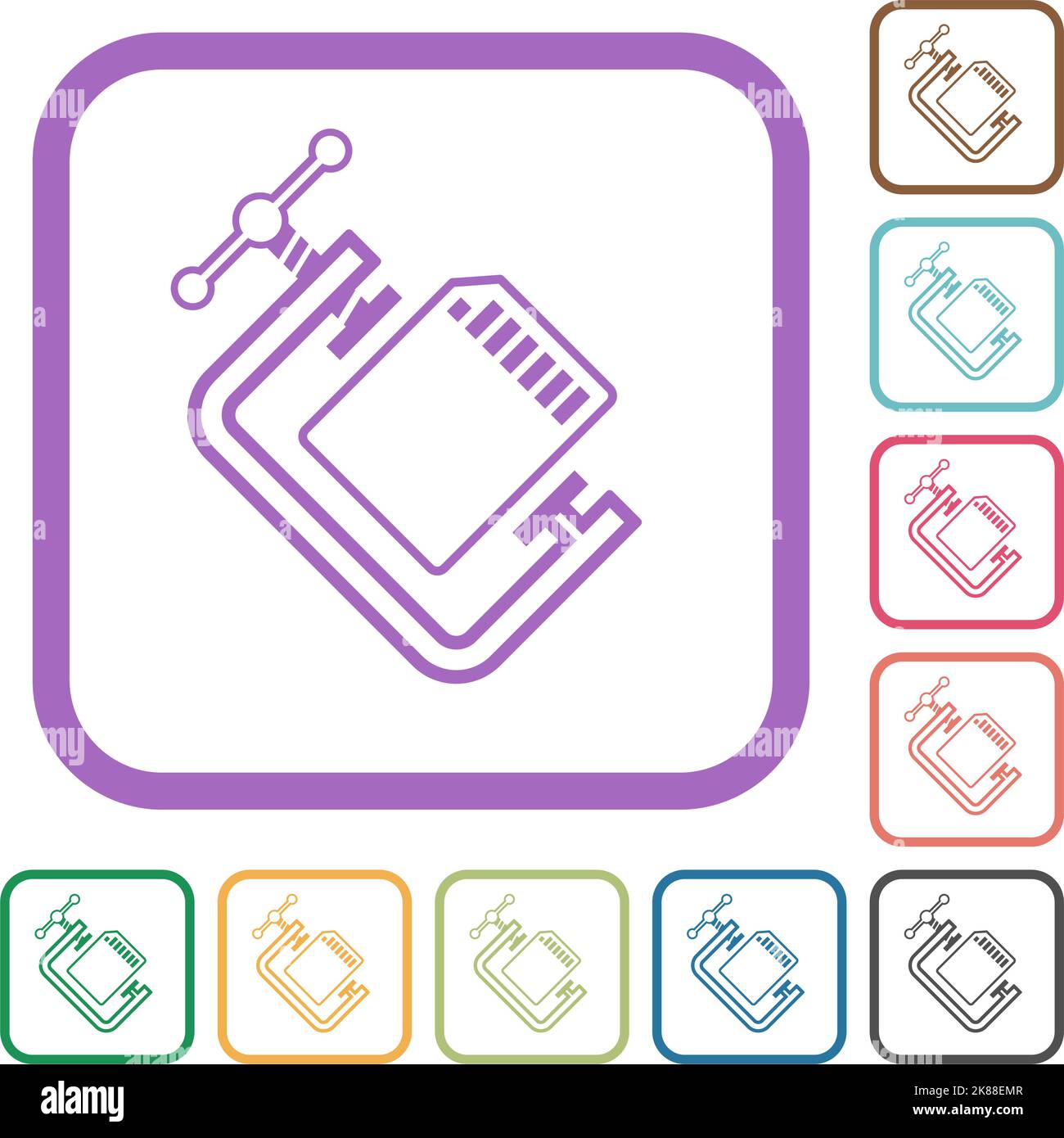 SD memory card compress outline simple icons in color rounded square frames on white background ...