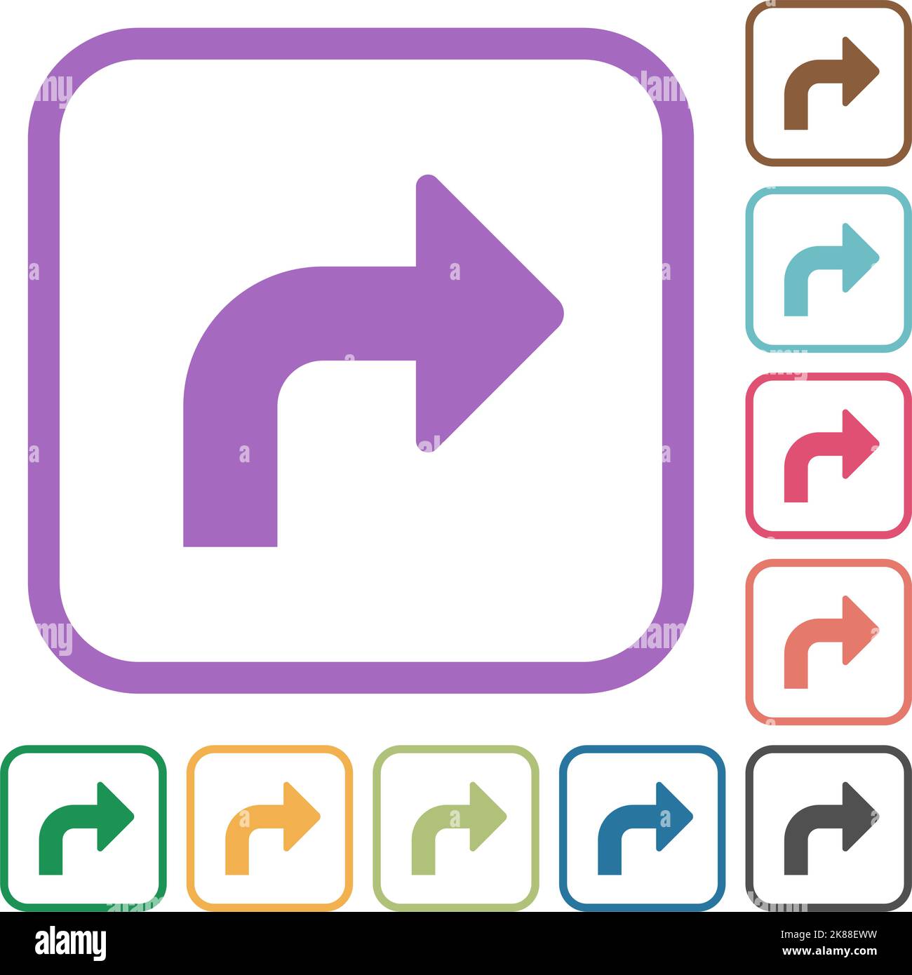 Upper right turn arrow solid simple icons in color rounded square frames on white background ...