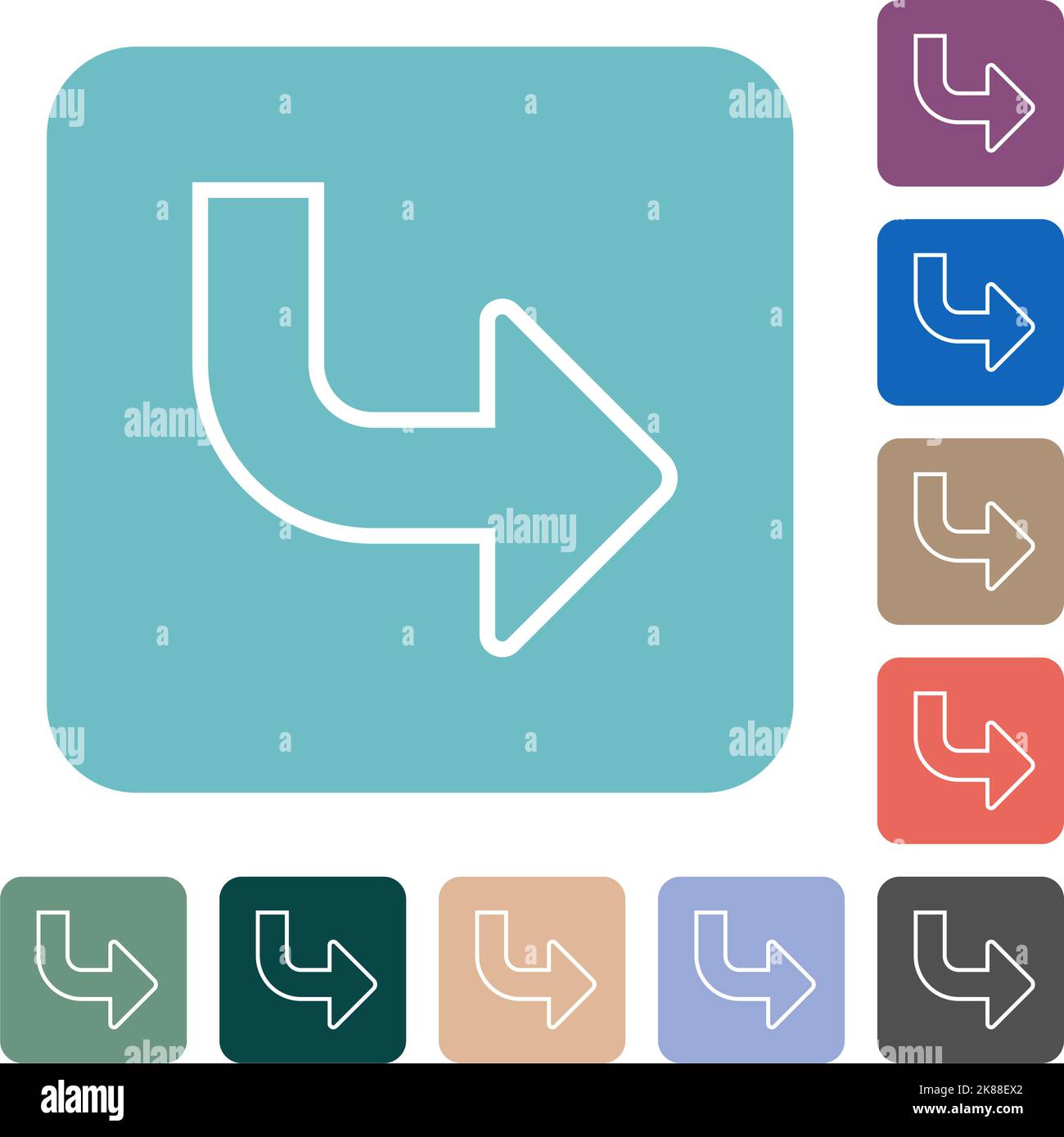 Bottom right side turn arrow outline white flat icons on color rounded ...