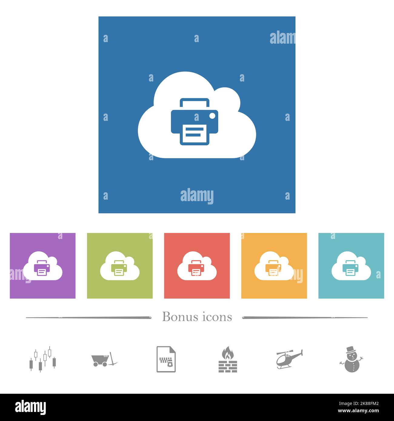 Cloud printing flat white icons in square backgrounds. 6 bonus icons ...