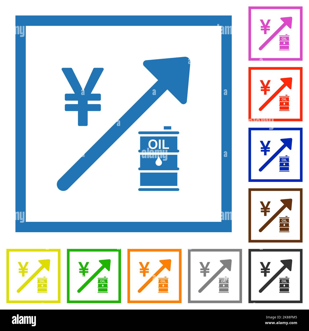 Rising oil energy japanese Yen prices flat color icons in square frames ...