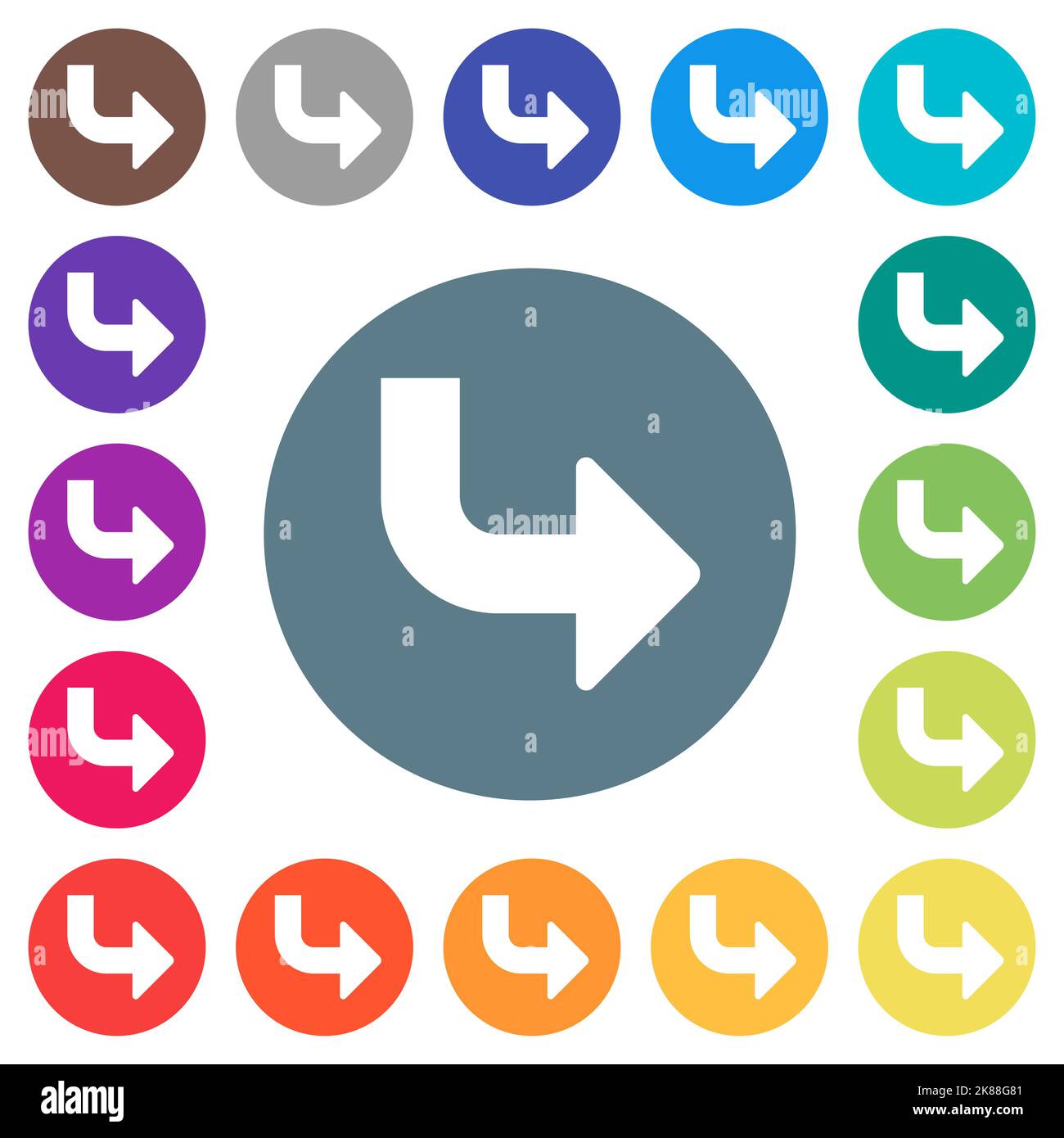 Bottom right side turn arrow solid flat white icons on round color ...