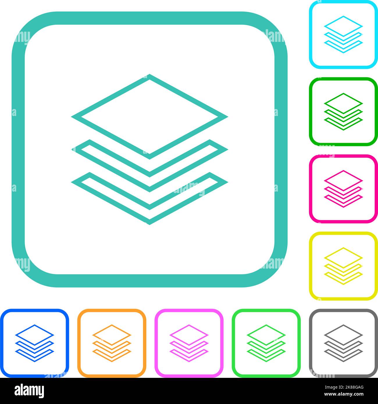 Layers outline vivid colored flat icons in curved borders on white ...
