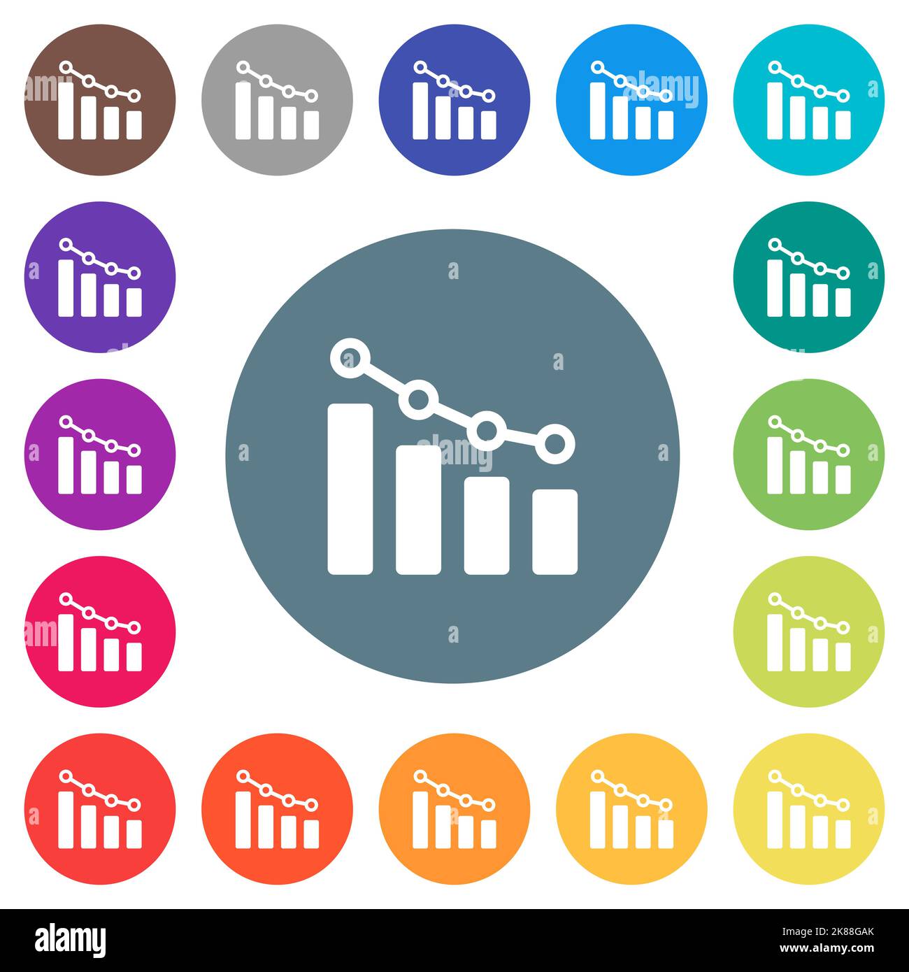 Bar graph with circles and lines flat white icons on round color ...