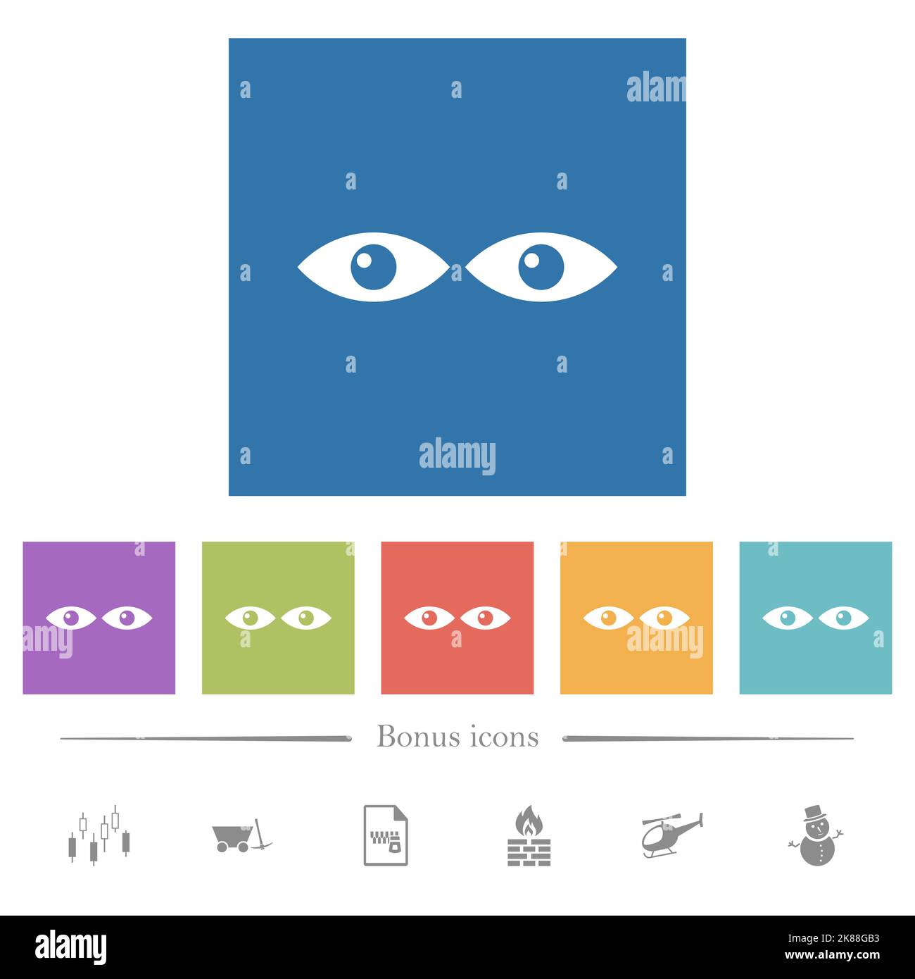 Watching eyes solid flat white icons in square backgrounds. 6 bonus ...
