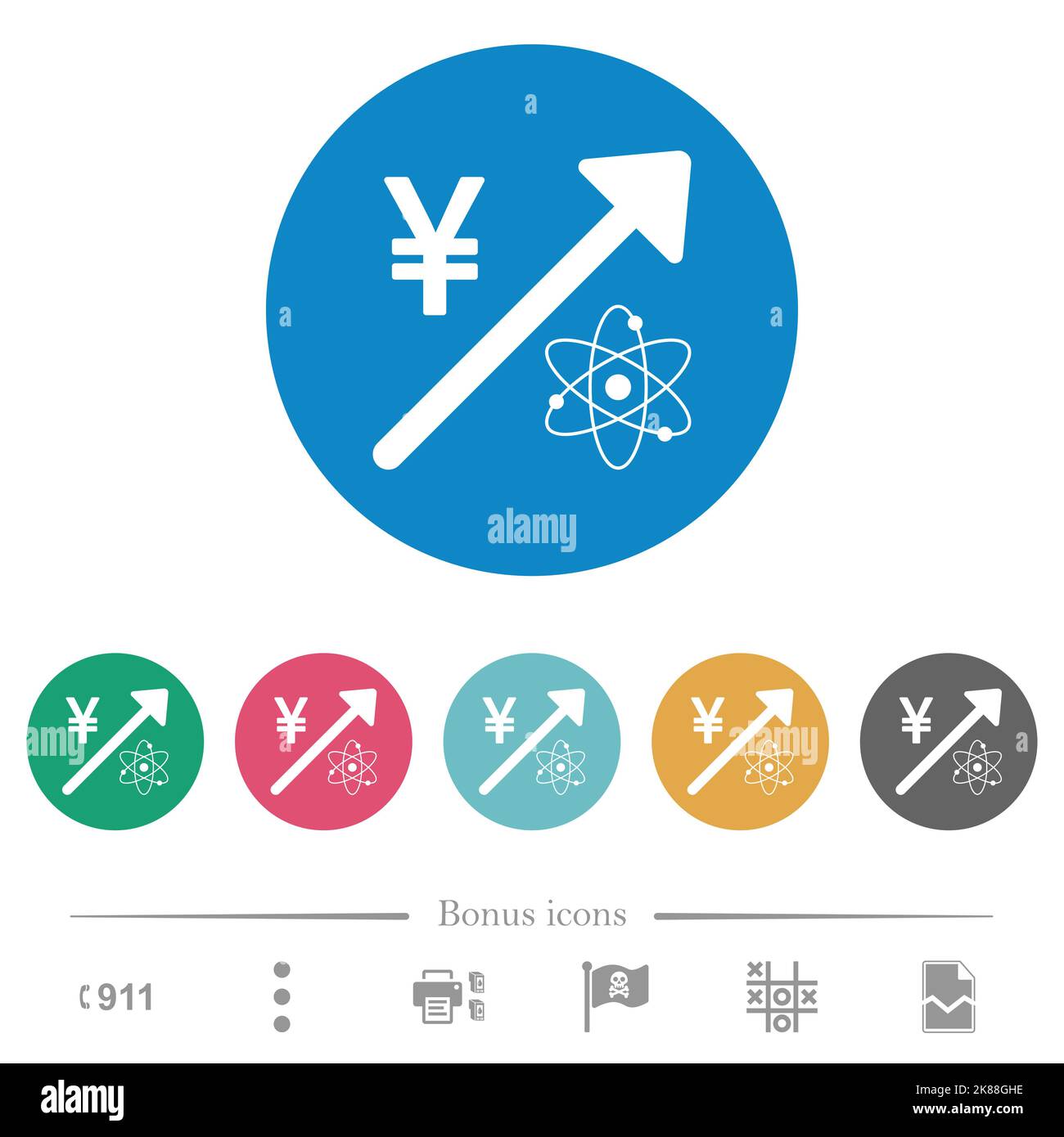 Rising atomic energy japanese Yen prices flat white icons on round ...