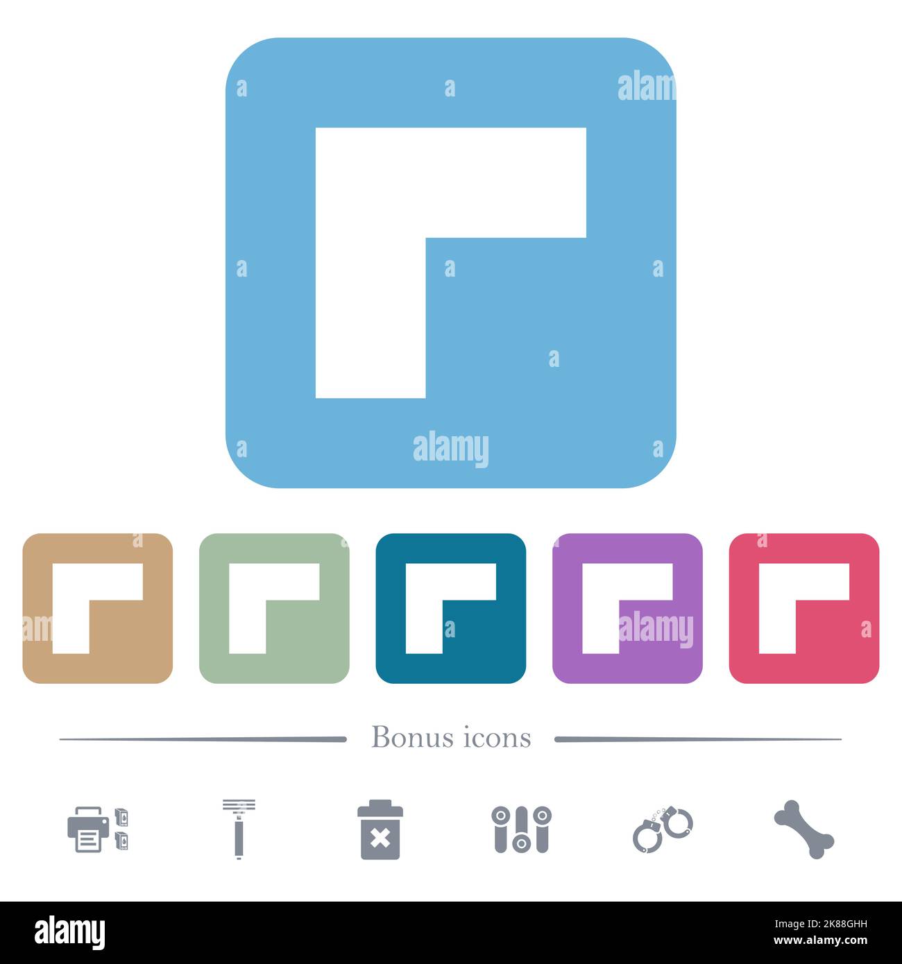 Top left 90 degrees angle arrow solid white flat icons on color rounded square backgrounds. 6 ...