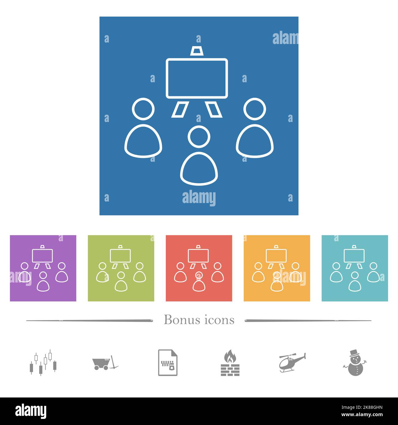 Classroom outline flat white icons in square backgrounds. 6 bonus icons ...