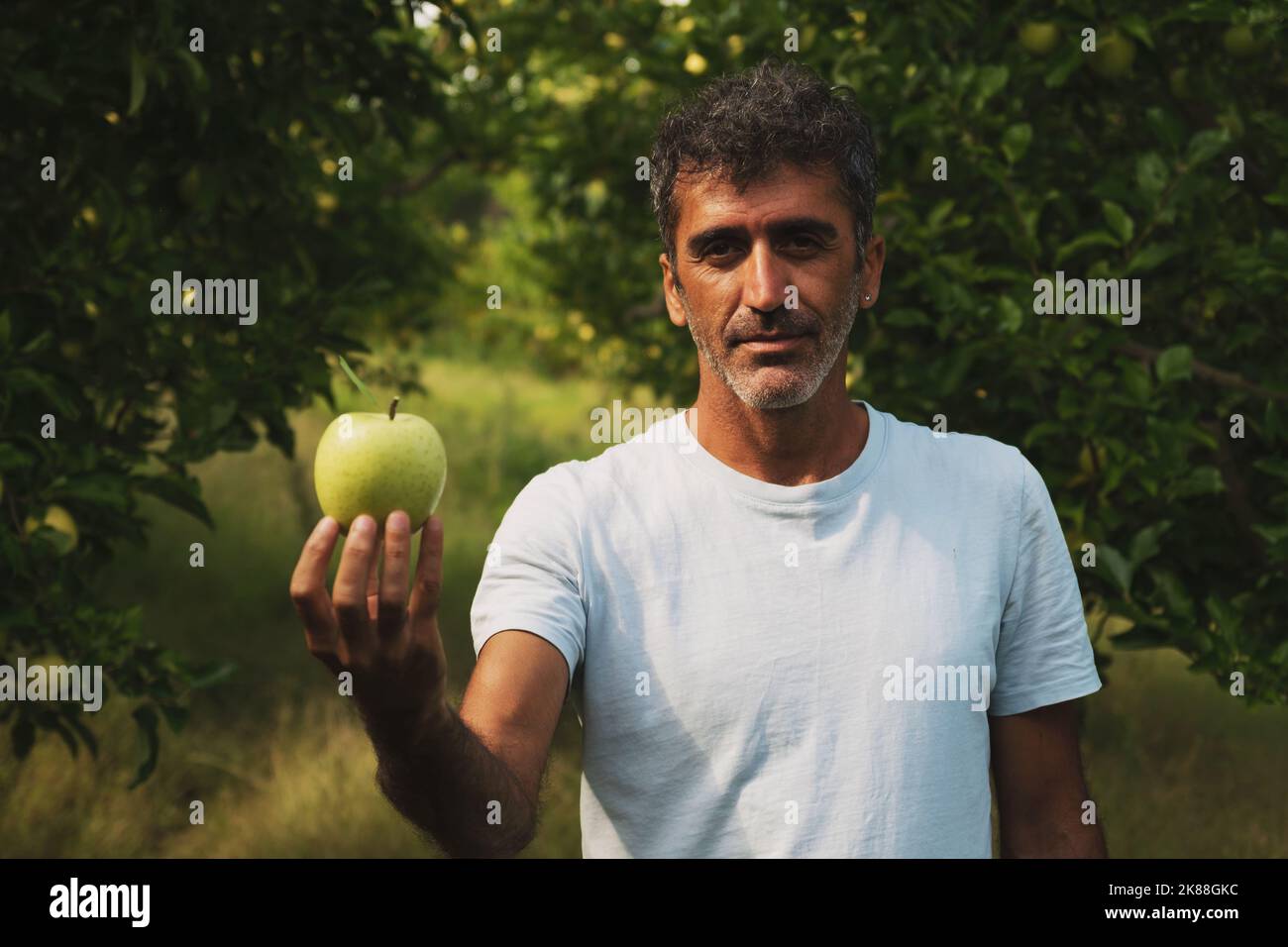 Portrait of a middle eastern holding an apple in his hand and posing in ...