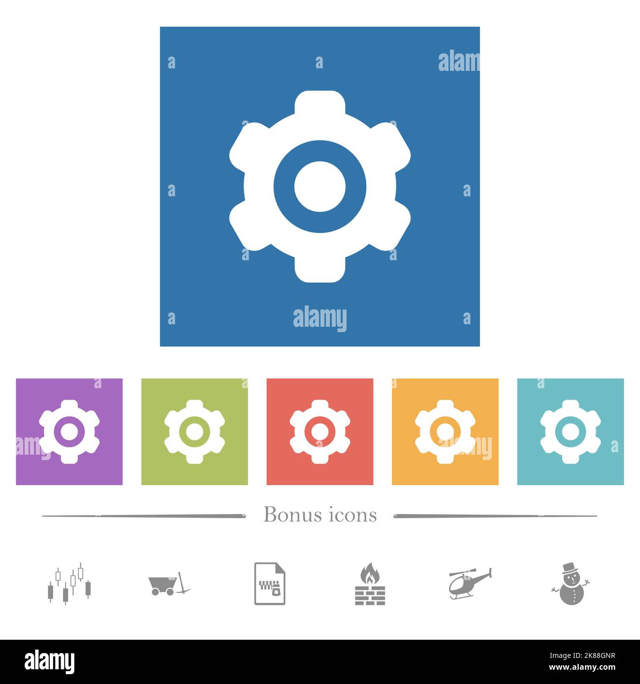 Single cogwheel solid flat white icons in square backgrounds. 6 bonus ...