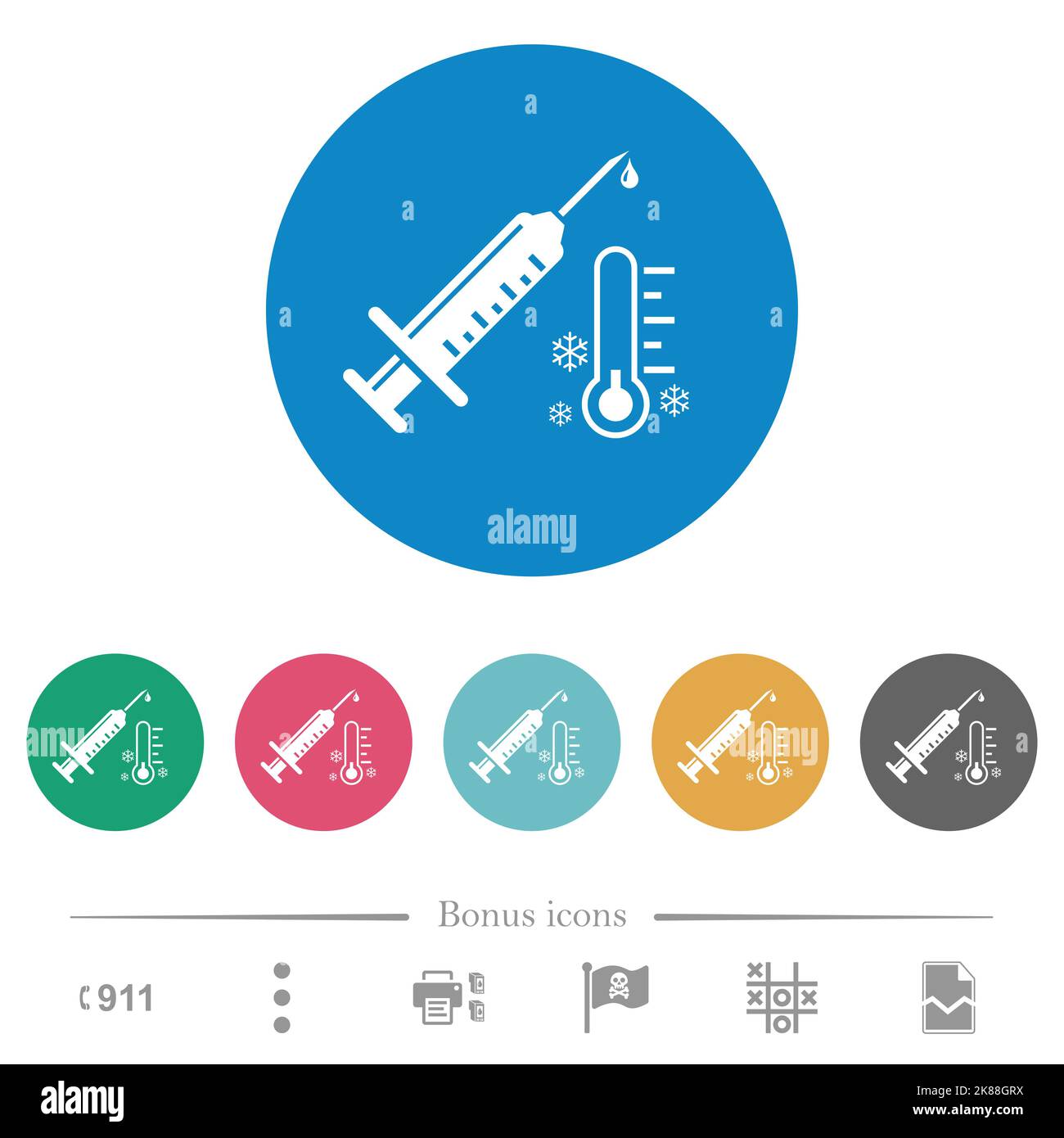 Vaccine storage temperature frosty flat white icons on round color backgrounds. 6 bonus icons ...