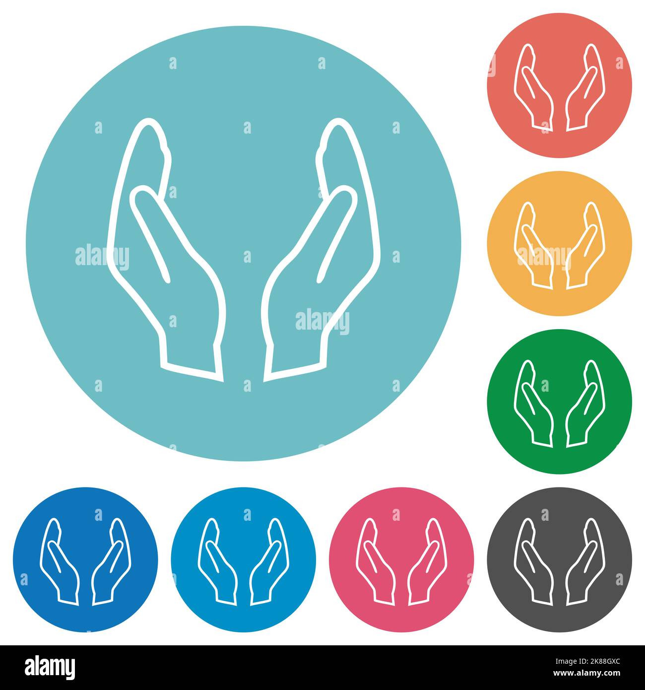 Empty protecting hands outline flat white icons on round color ...