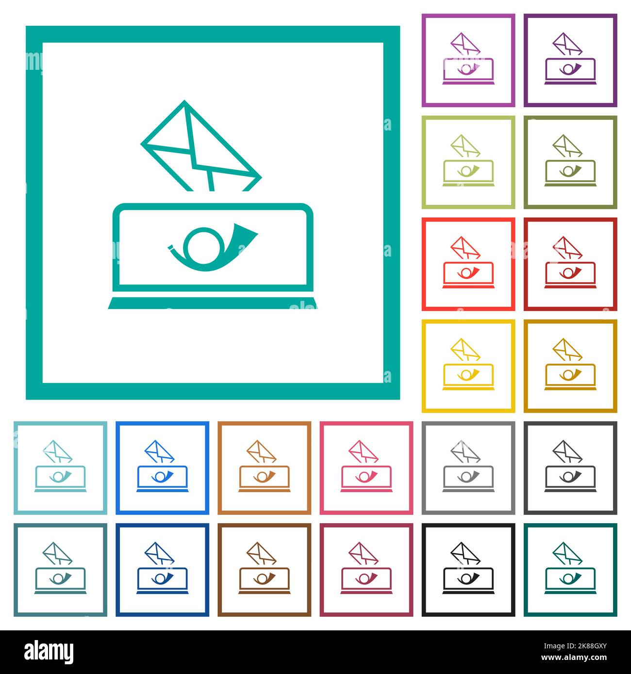 Sending mail outline flat color icons with quadrant frames on white ...