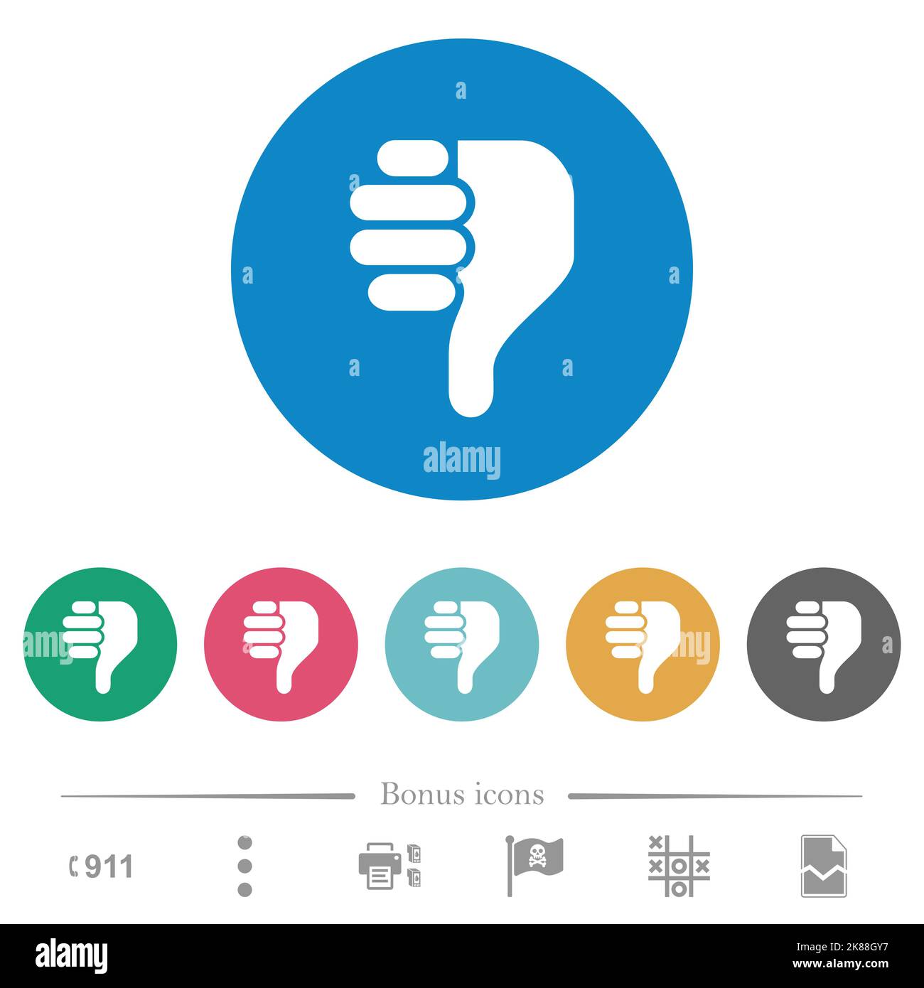 Right handed thumbs down solid flat white icons on round color ...