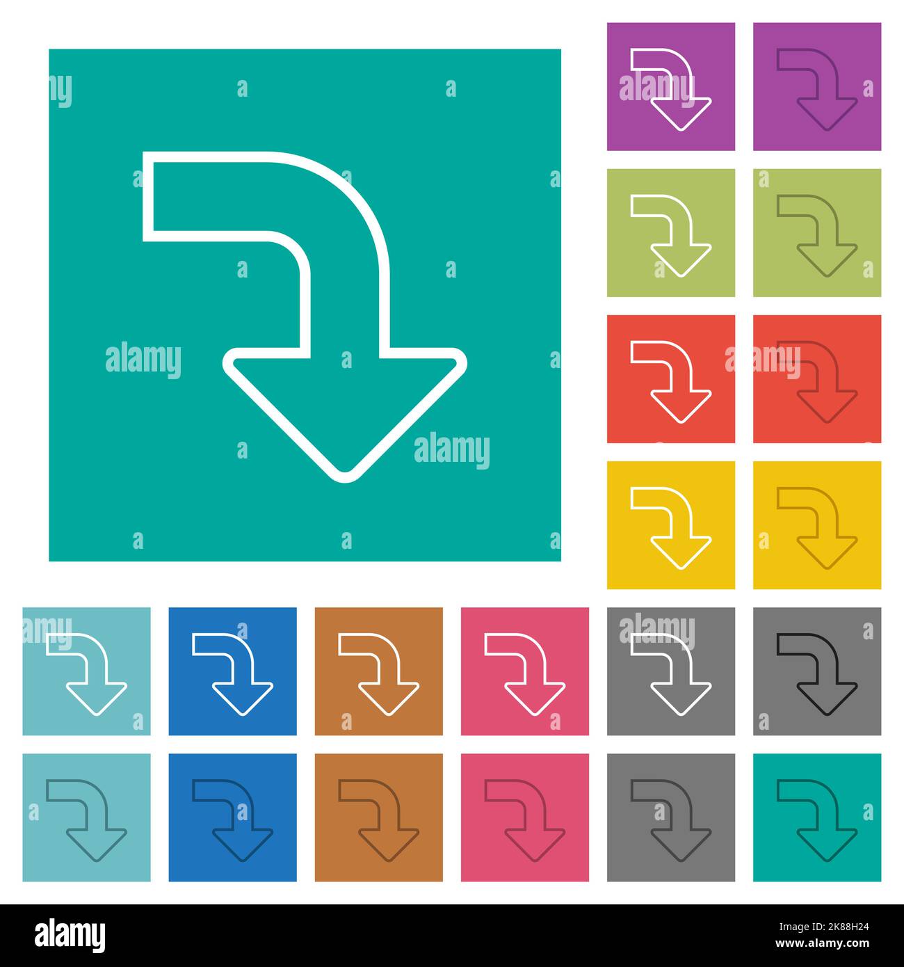 Right bottom side turn arrow outline multi colored flat icons on plain ...