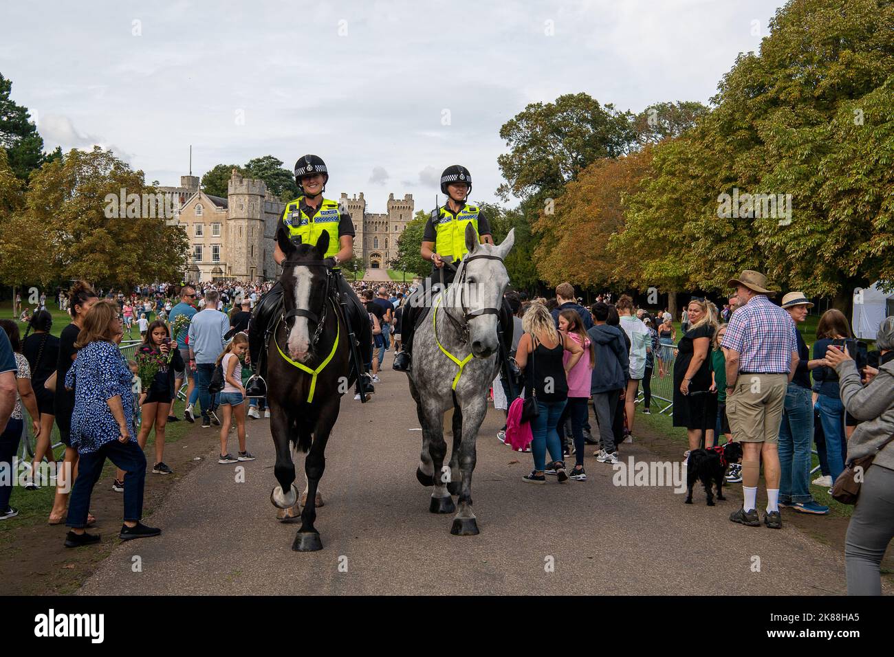 Windsor, Berkshire, UK. 11th September, 2022. Thames Valley Police horses on the Long Walk today ...