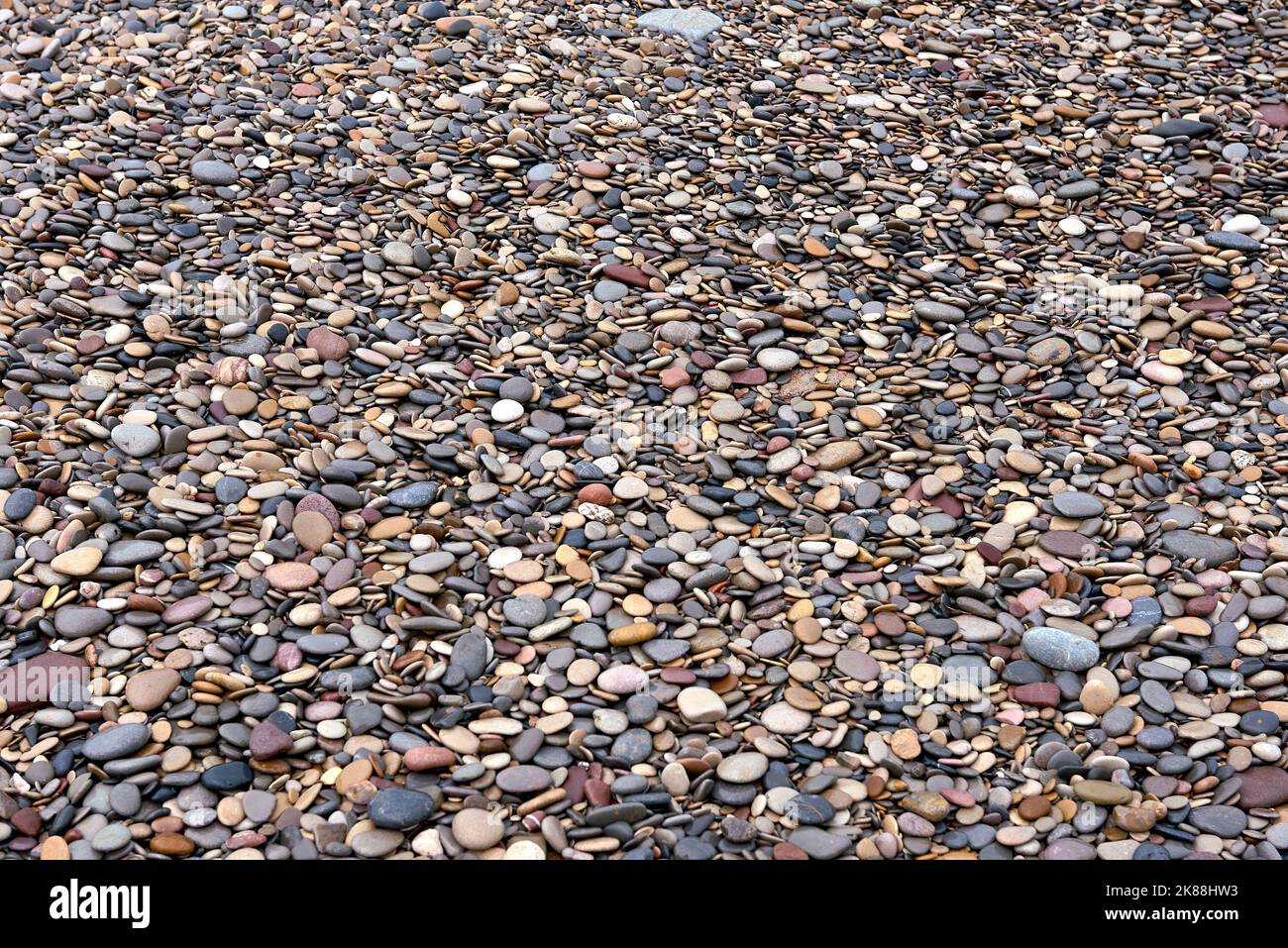 Background of small stones from the beach. Front view, round stones of ...