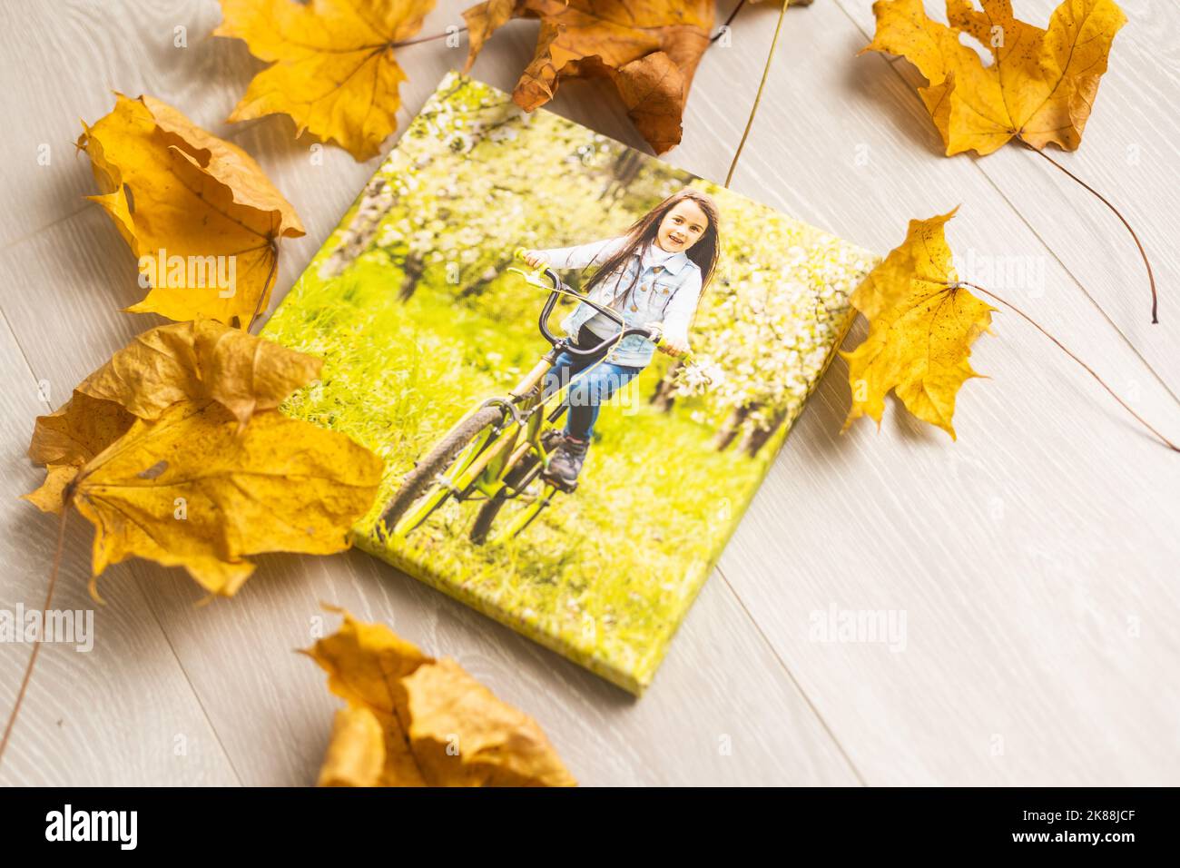 Blank square canvas frame on autumn background. Mockup poster with ...