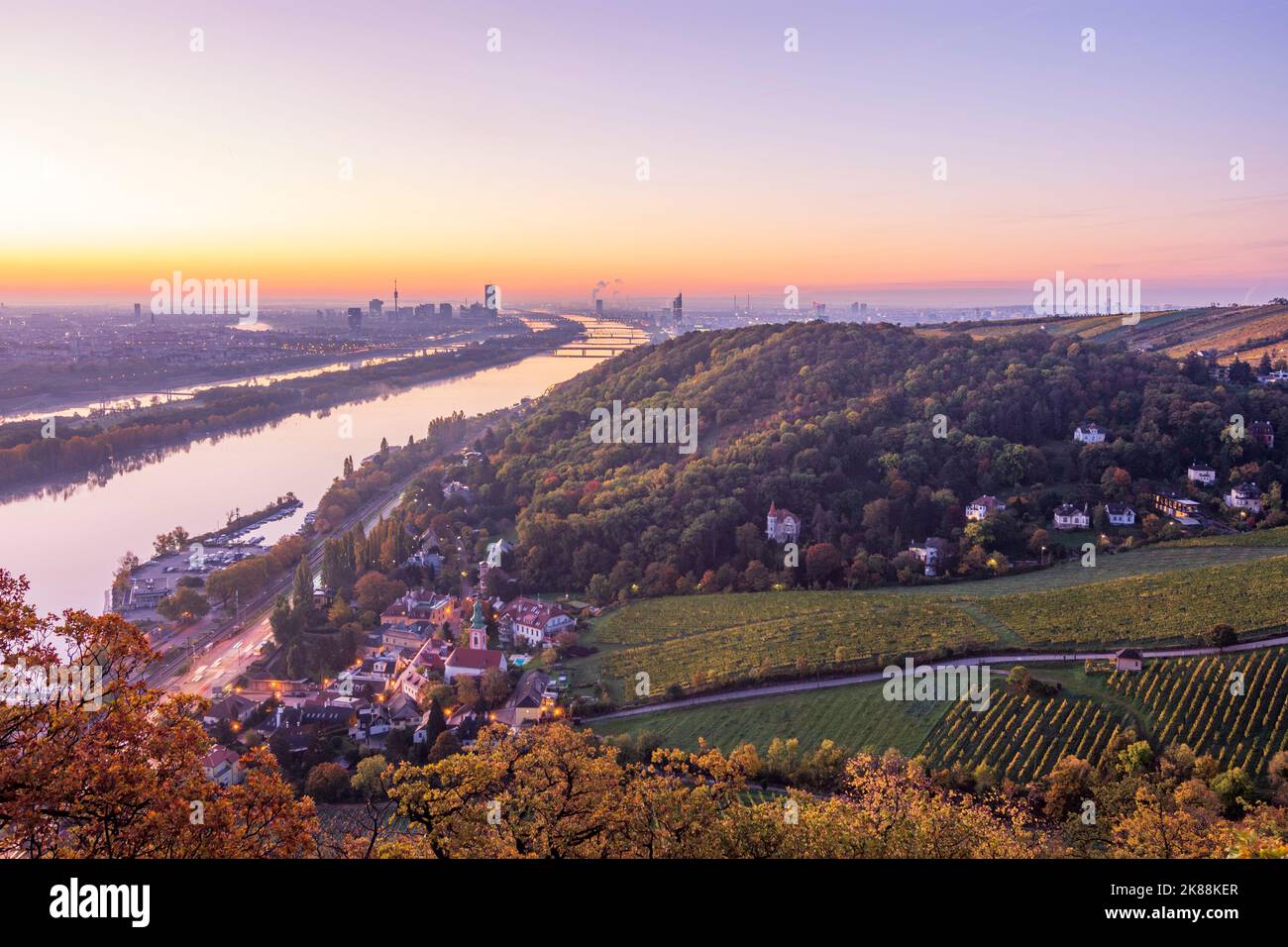 Wien, Vienna: sunrise at Vienna, vineyards, river Donau (Danube) and ...