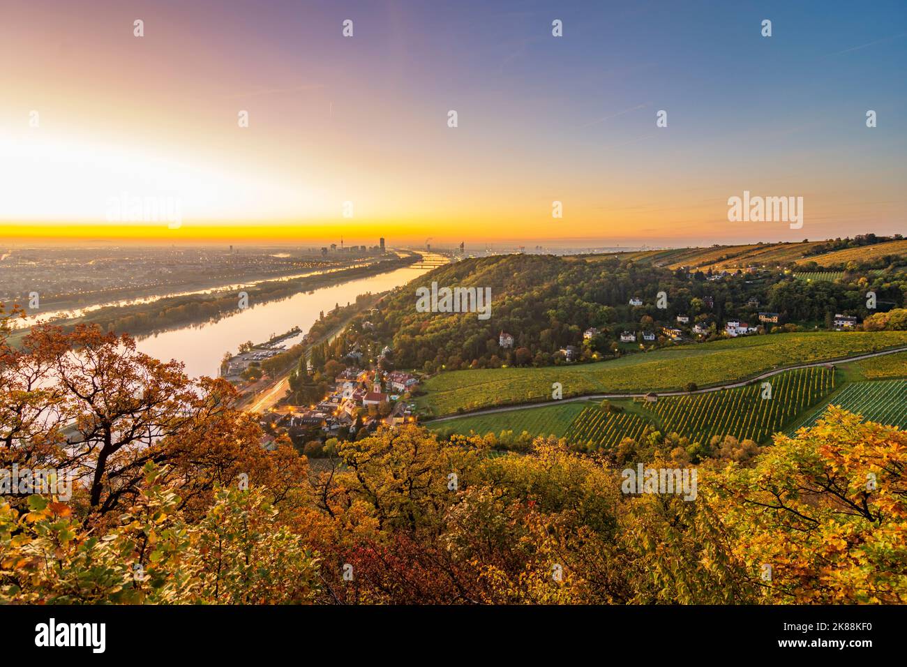Wien, Vienna: sunrise at Vienna, vineyards, river Donau (Danube) and ...