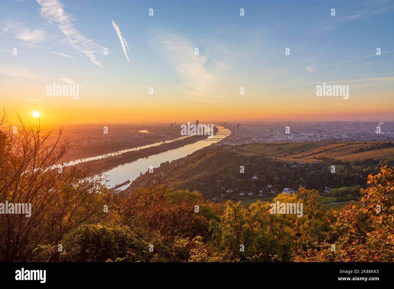 Wien, Vienna: sunrise at Vienna, vineyards, river Donau (Danube) and ...